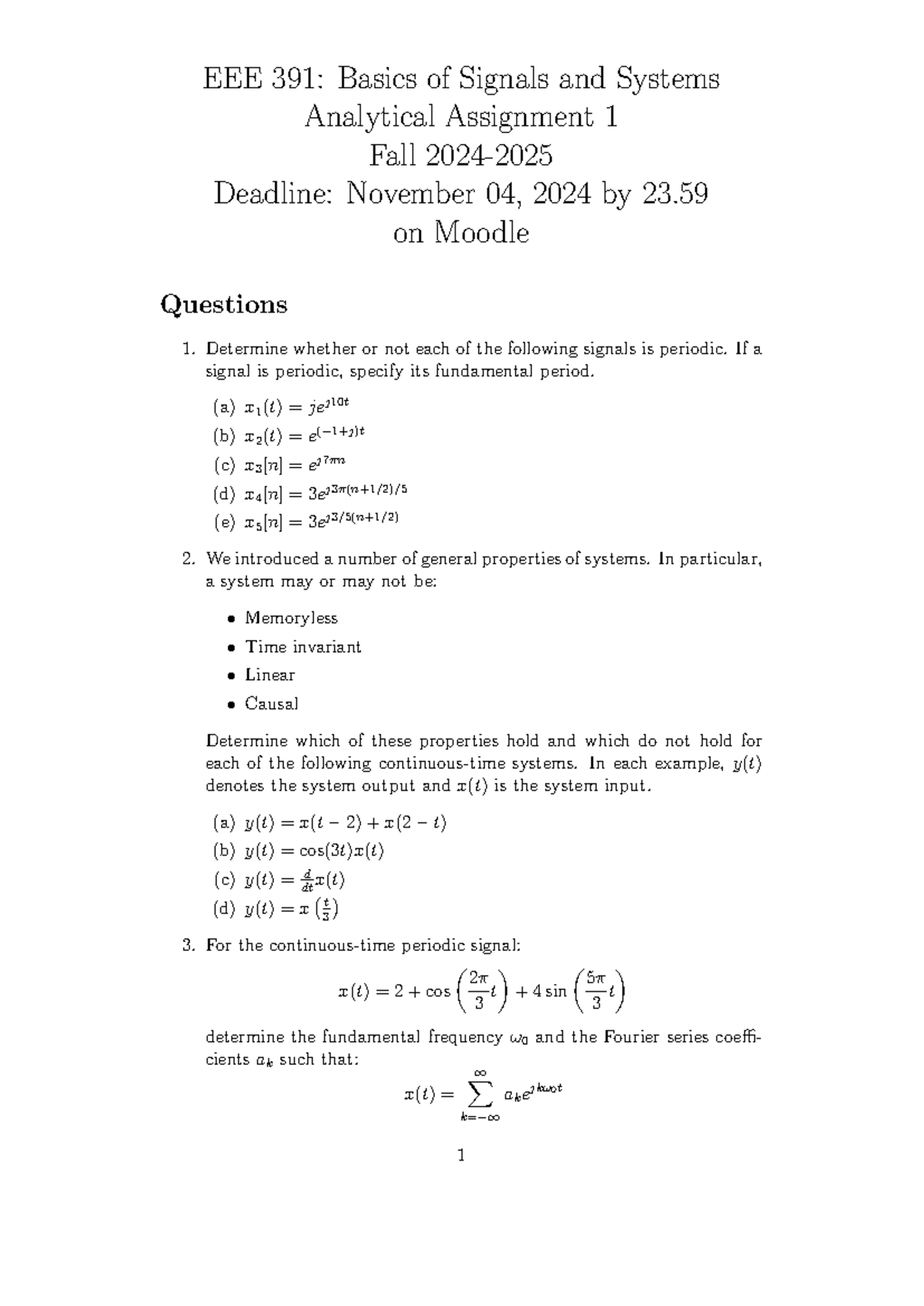 AA1 - Analytical Assignment - EEE 391: Basics of Signals and Systems ...