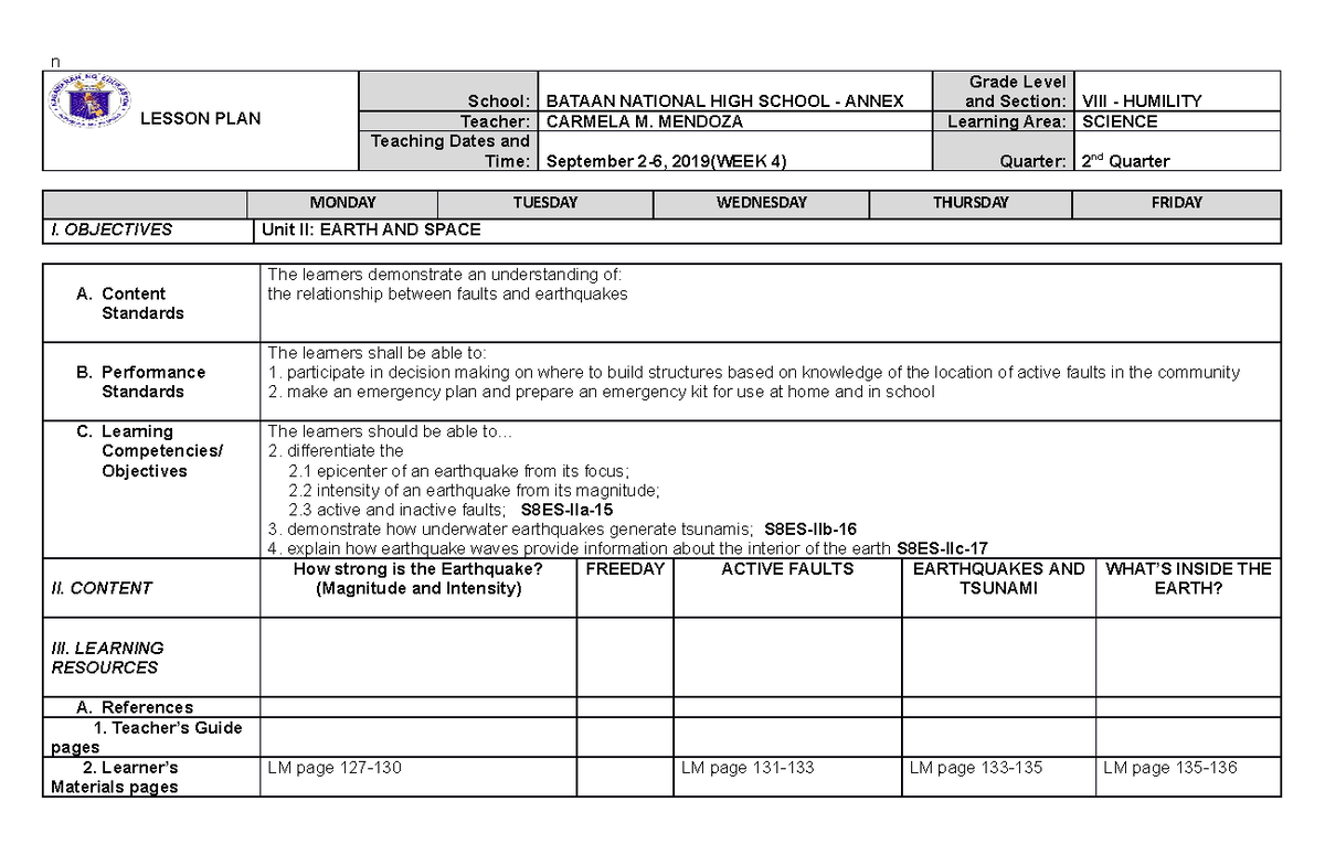 Week 4 - SCIENCE 8 - n LESSON PLAN School: BATAAN NATIONAL HIGH SCHOOL ...