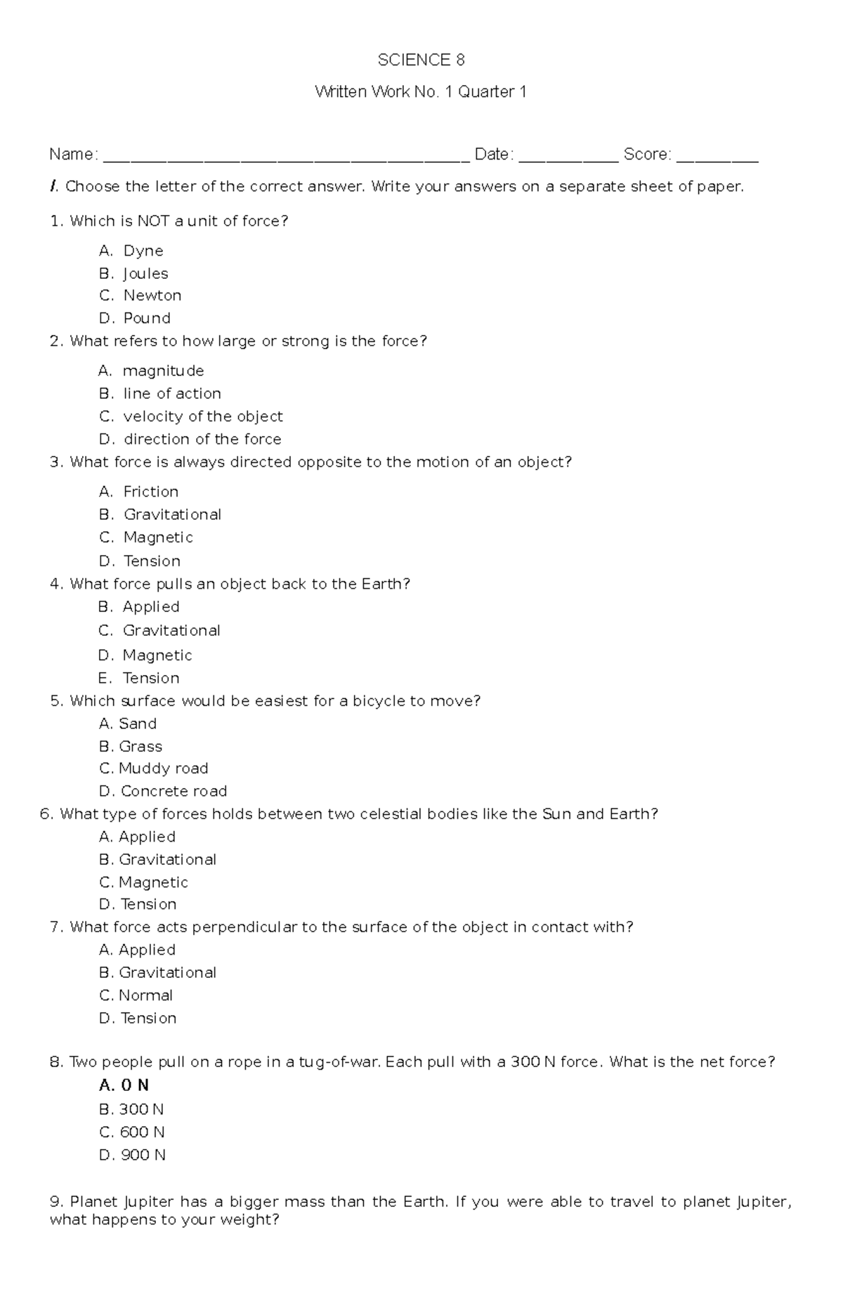 ST Science 8 NO - none - SCIENCE 8 Written Work No. 1 Quarter 1 Name ...