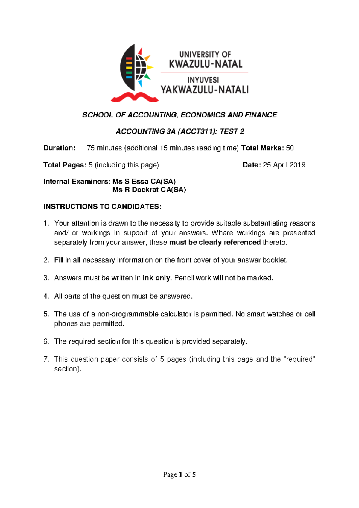 2019 test 2 question - SCHOOL OF ACCOUNTING, ECONOMICS AND FINANCE ...