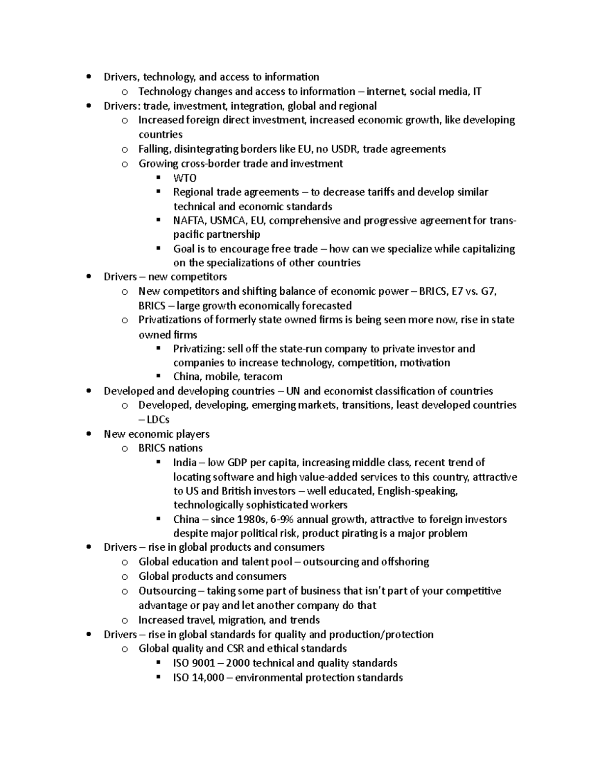 MGT 360 Module 1 Notes - Drivers of Globalization - Drivers, technology ...