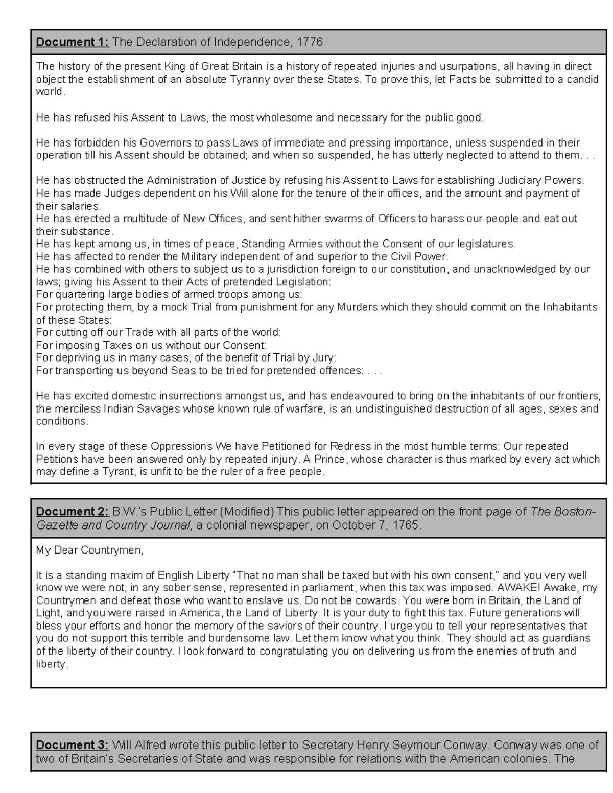Unit 5 American Revolution Inquiry Lesson - Document 1: The Declaration ...