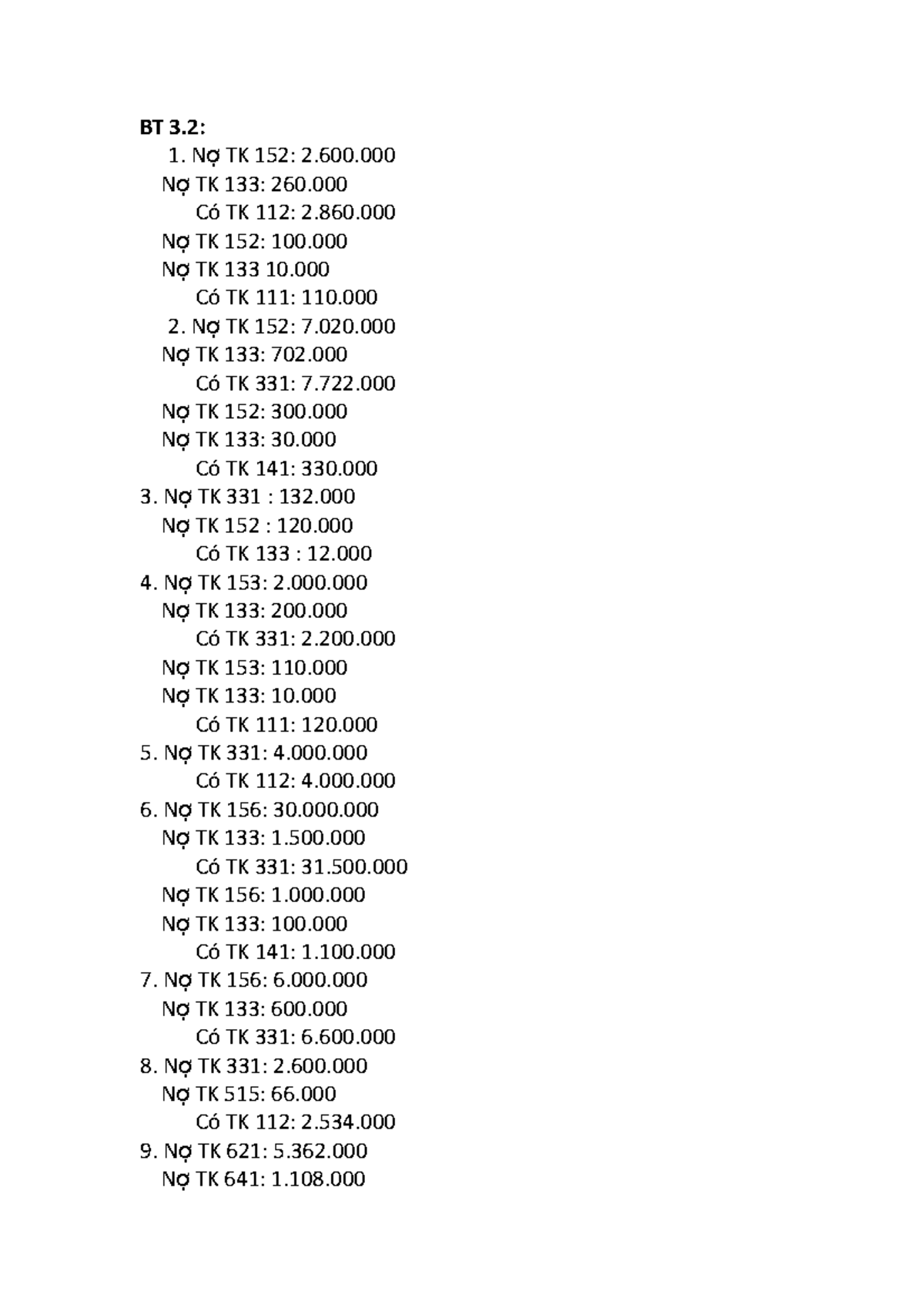 BT chương 3 - bài tập chương 3 - BT 3: 1. N ợTK 152: 2. N ợTK 133: 260. Có TK 112: 2. N ợTK 152 ...