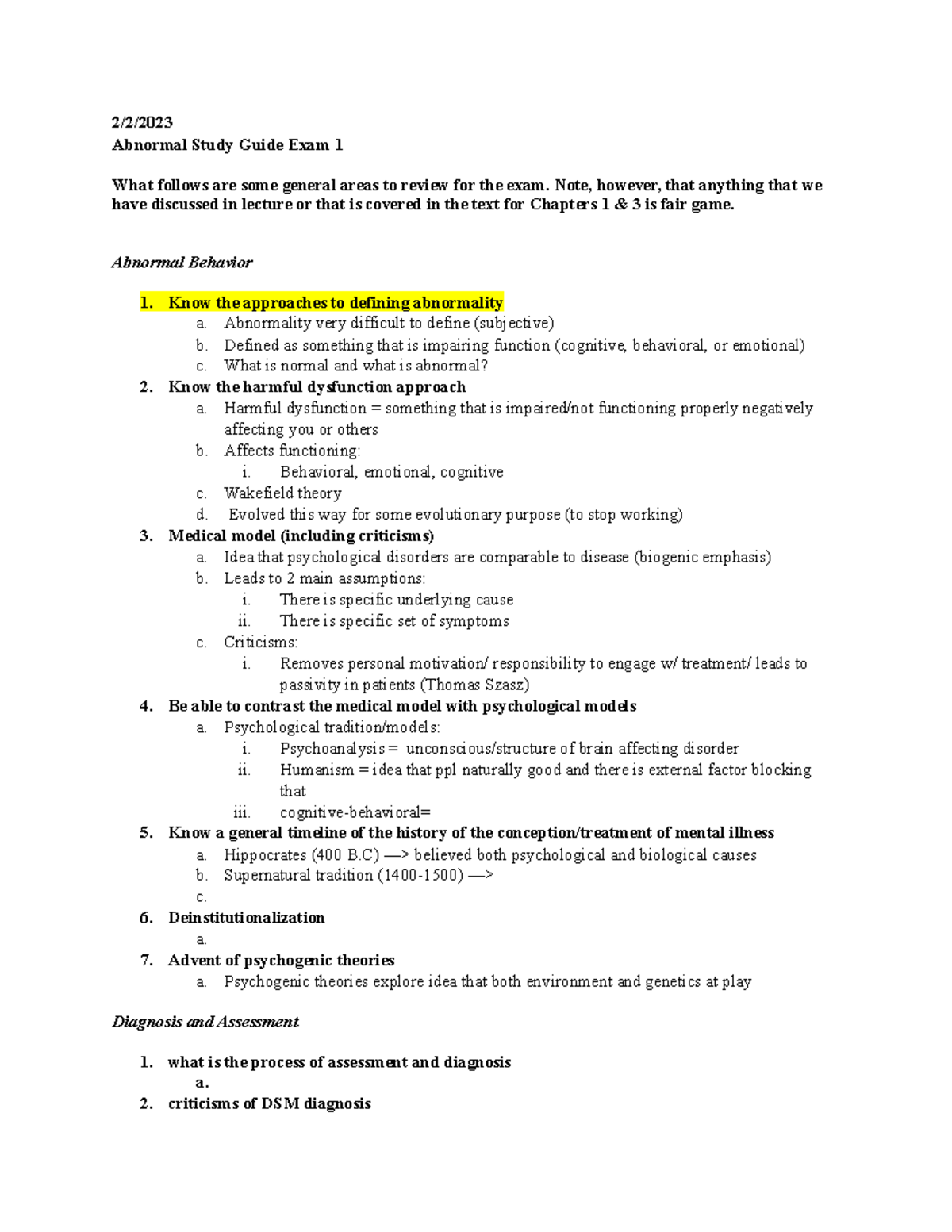 Abnormal psych - exam 1 review sheet - 2/2/ Abnormal Study Guide Exam 1 ...