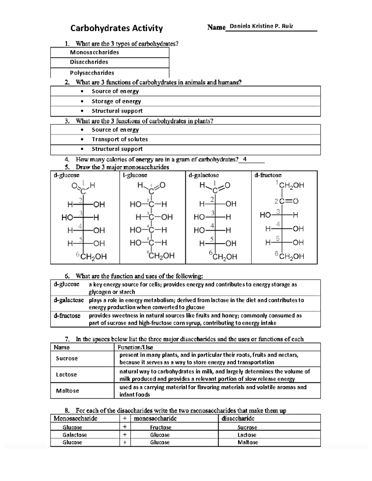 Carbohydrates Activity - Ruiz Monosaccharides Disaccharides ...