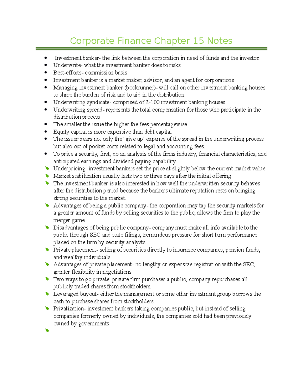 Chapter 15 investment banking - Corporate Finance Chapter 15 Notes ...