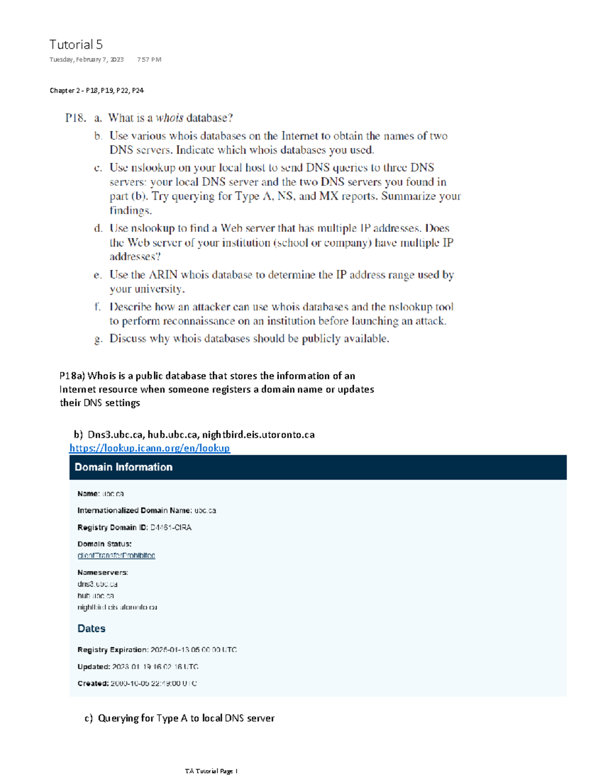 Tutorial 5 - Chapter 2 - P18, P19, P22, P b) Dns3.ubc, hub.ubc, nightbird.eis.utoronto - Studocu