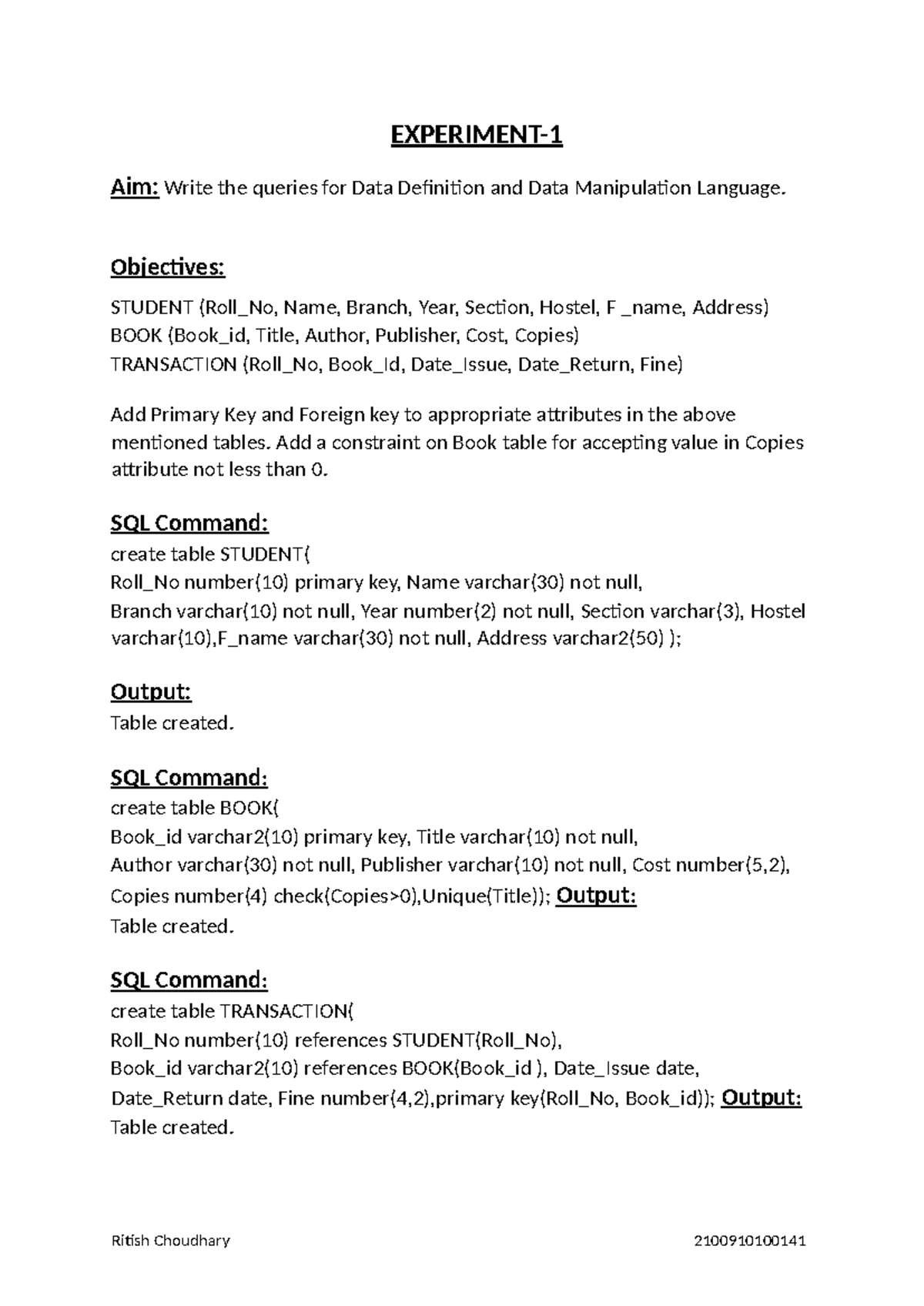 Dbms111 Notes Experiment Aim Write The Queries For Data Definition And Data Manipulation