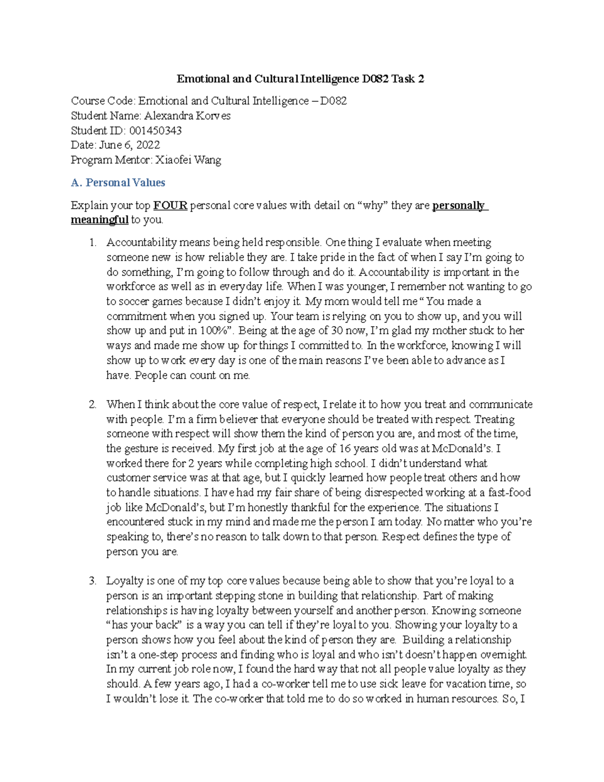 Emotional and Cultural Intelligence D082 Task 2 - Personal Values ...