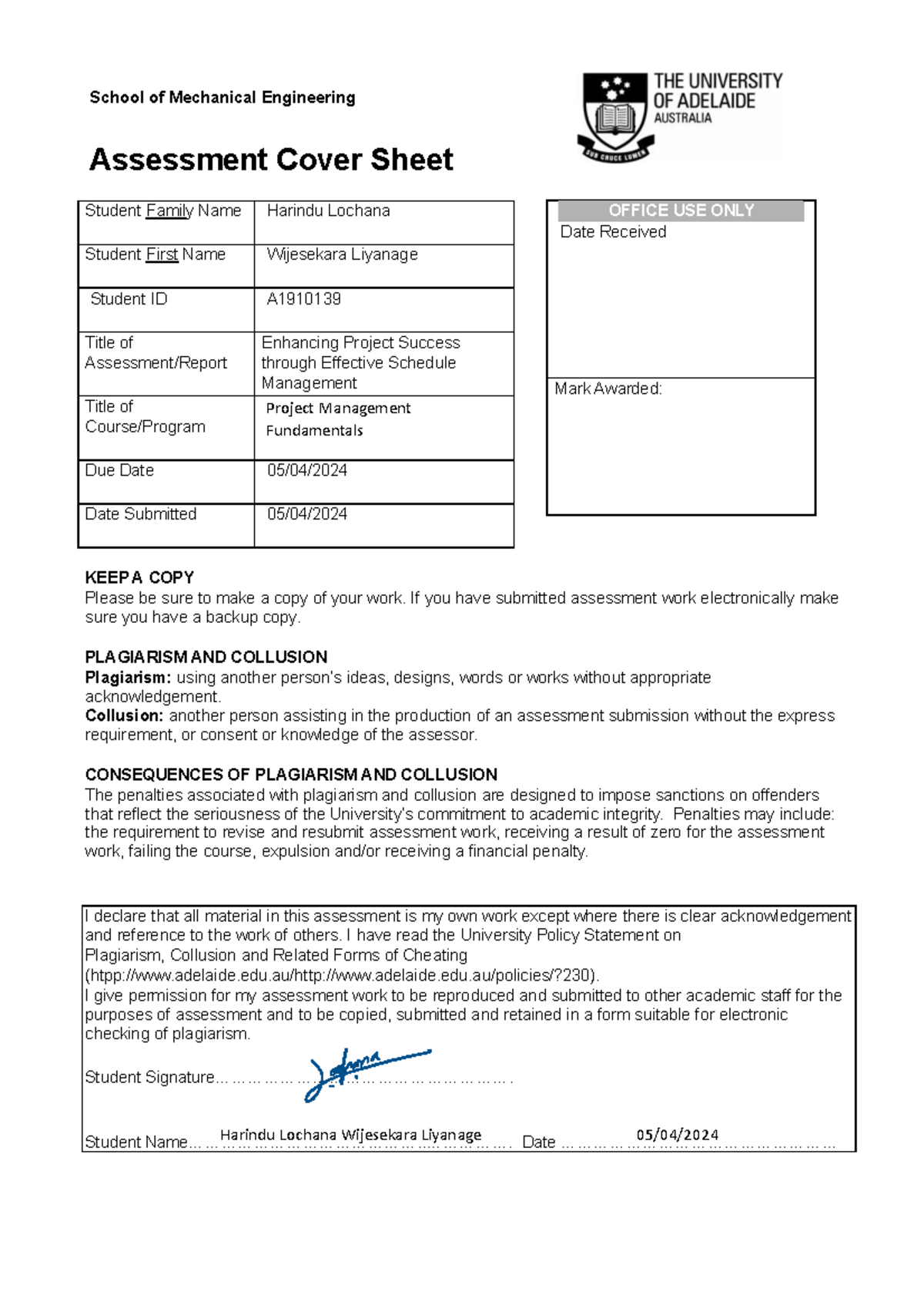 Assessment coversheet prjt mng - KEEP A COPY Please be sure to make a copy of your work. If you ...