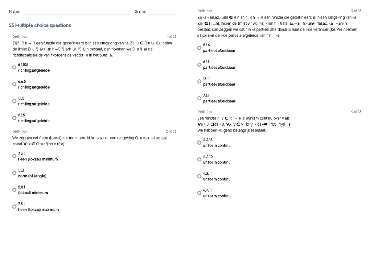 Analyse definities Quizlet - Name: Score: 53 Multiple choice questions ...