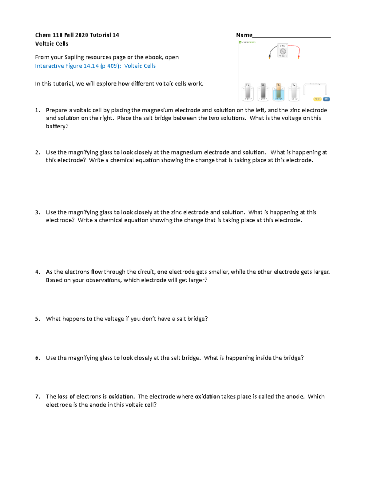 Tutorial 14 - Voltaic Cells - Chem 110 Fall 2020 Tutorial 14 Name ...