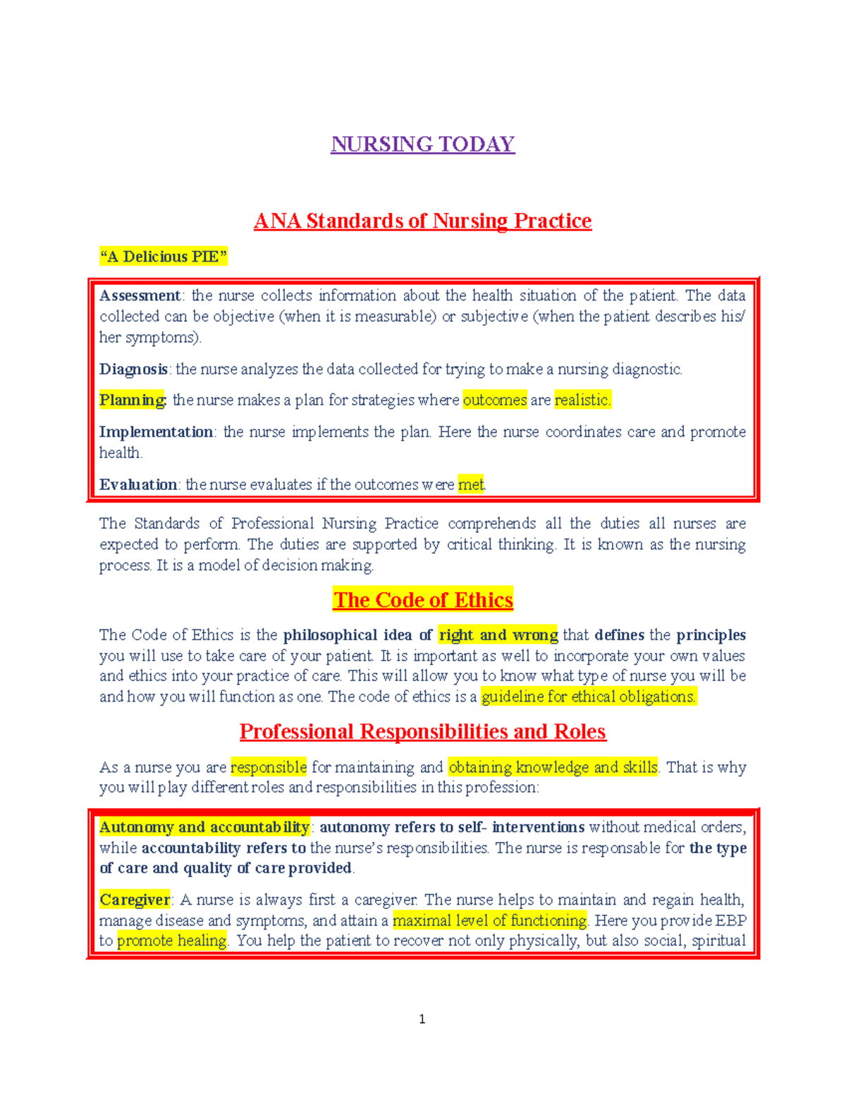 Ch - Lecture notes 1 - NURSING TODAY ANA Standards of Nursing Practice ...