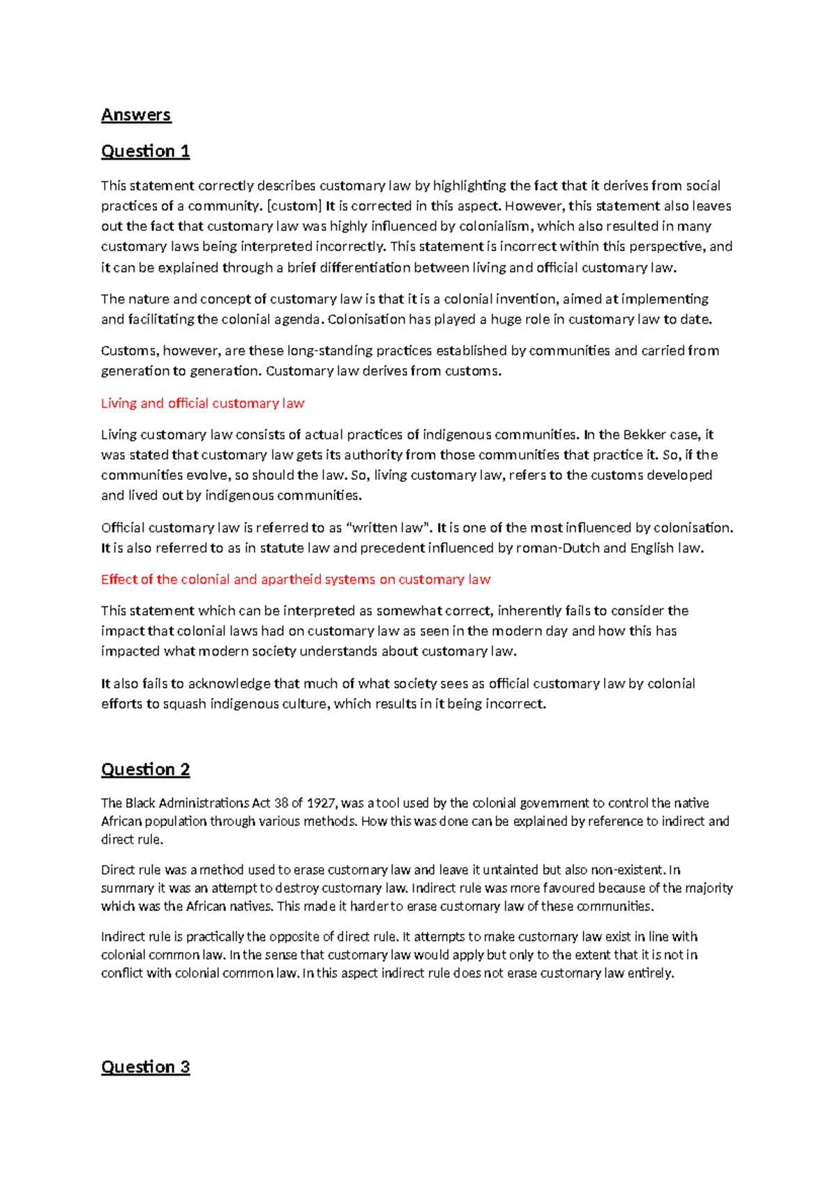 Intro to law Tutorial 1 Customary law - Answers Question 1 This ...