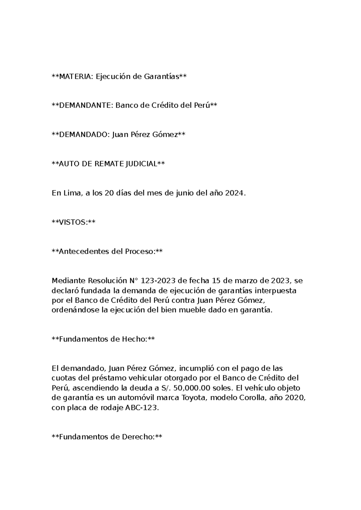 Auto de remate - Gsgsgs - MATERIA: Ejecución de Garantías DEMANDANTE ...