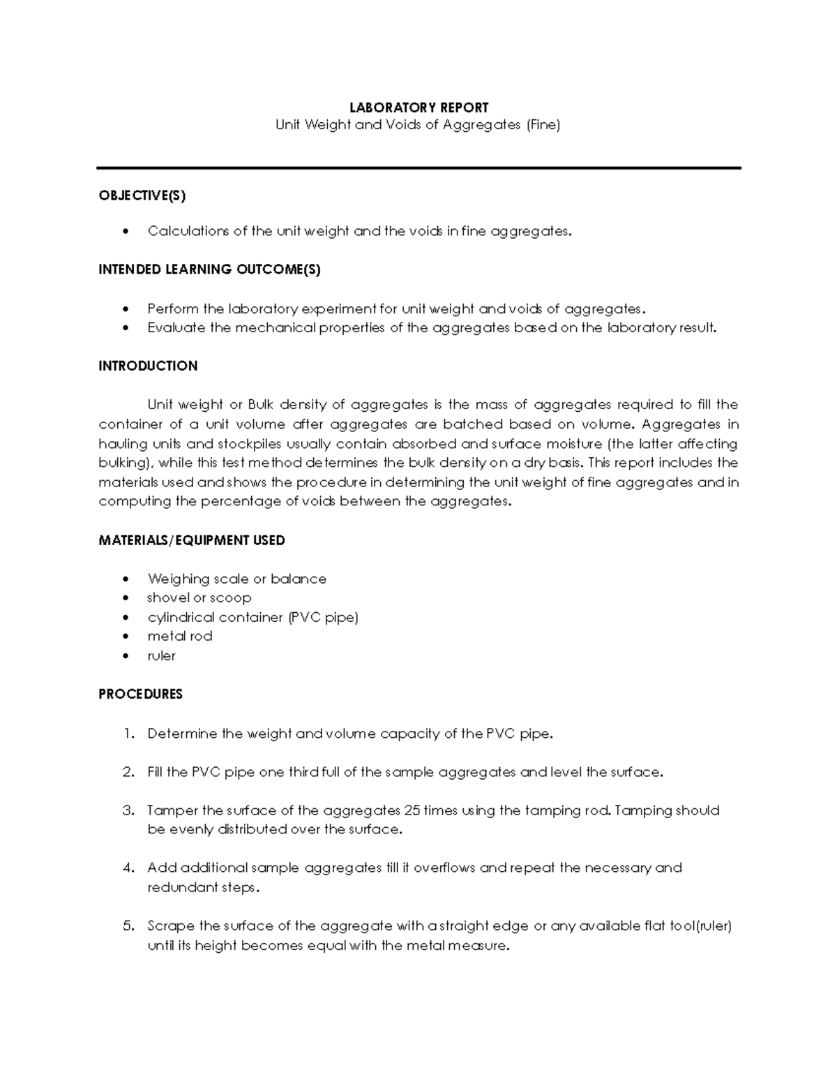 Lab Report Unit Weight and Voids of Aggregates (Fine) - LABORATORY ...