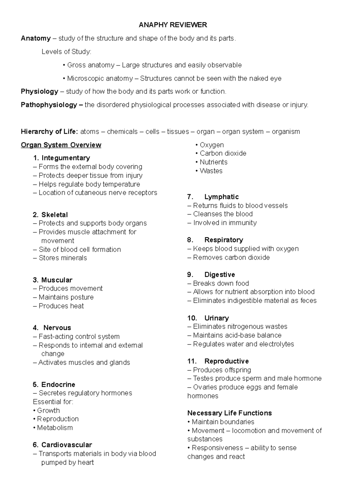 Anaphy Reviewer - Summary Anatomy and Physiology - ANAPHY REVIEWER ...
