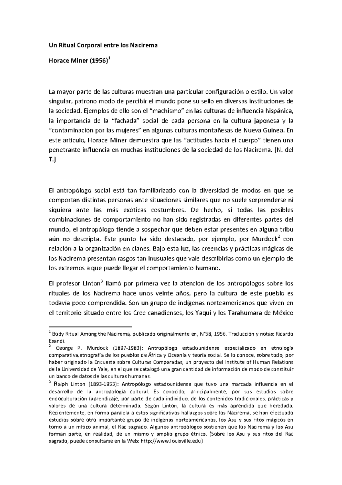 Los Naciremas texto - Un Ritual Corporal entre los Nacirema Horace ...