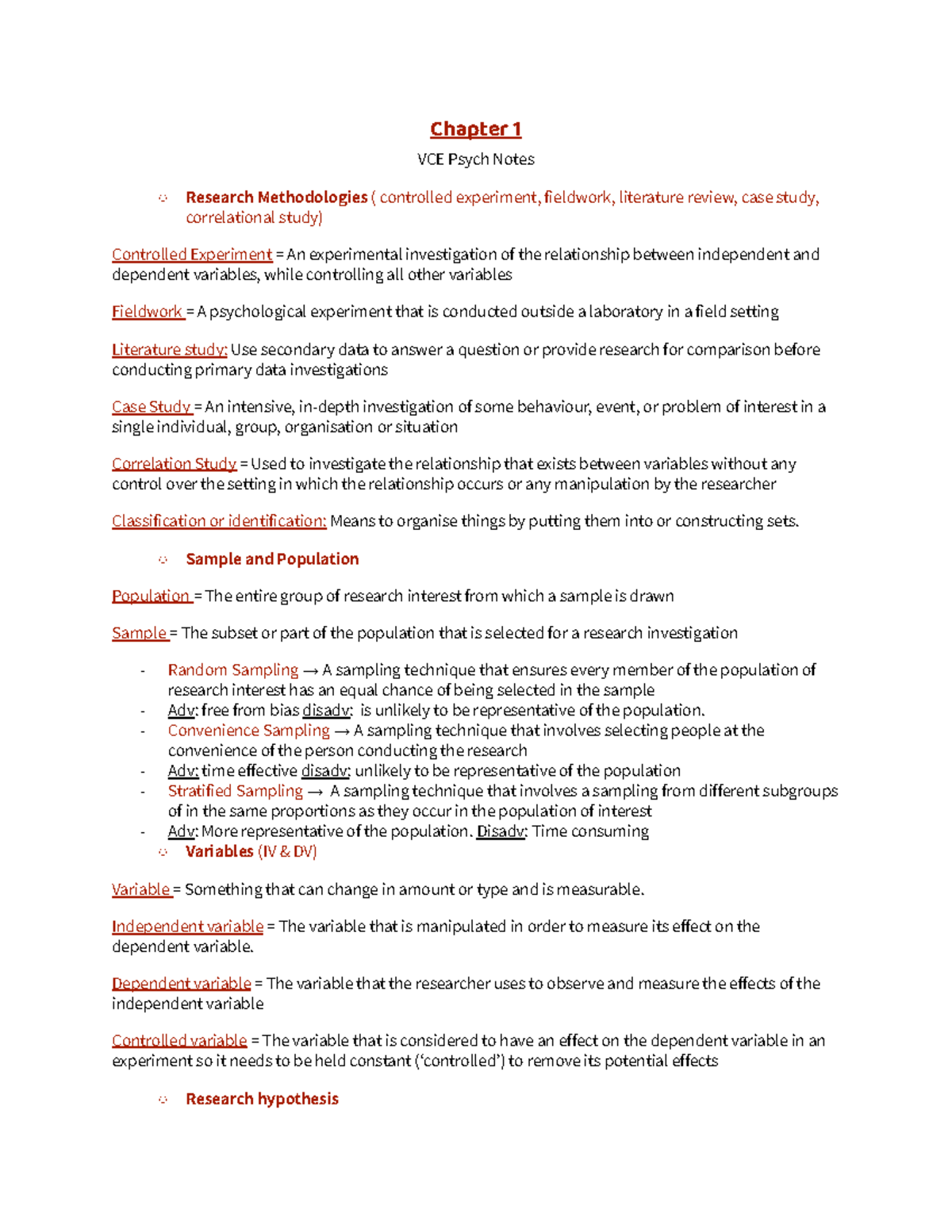 Chapter 1 - VCE Psych Notes - Chapter 1 VCE Psych Notes Research ...