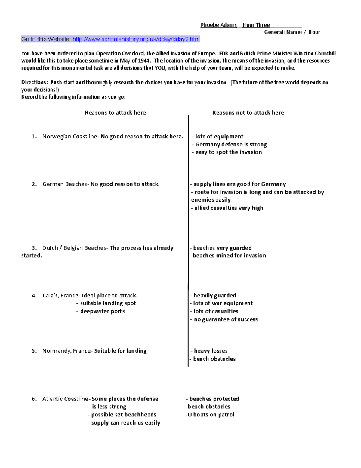 Copy of D Day simulation notes - Mc Cormick - Phoebe Adams__Hour Three ...