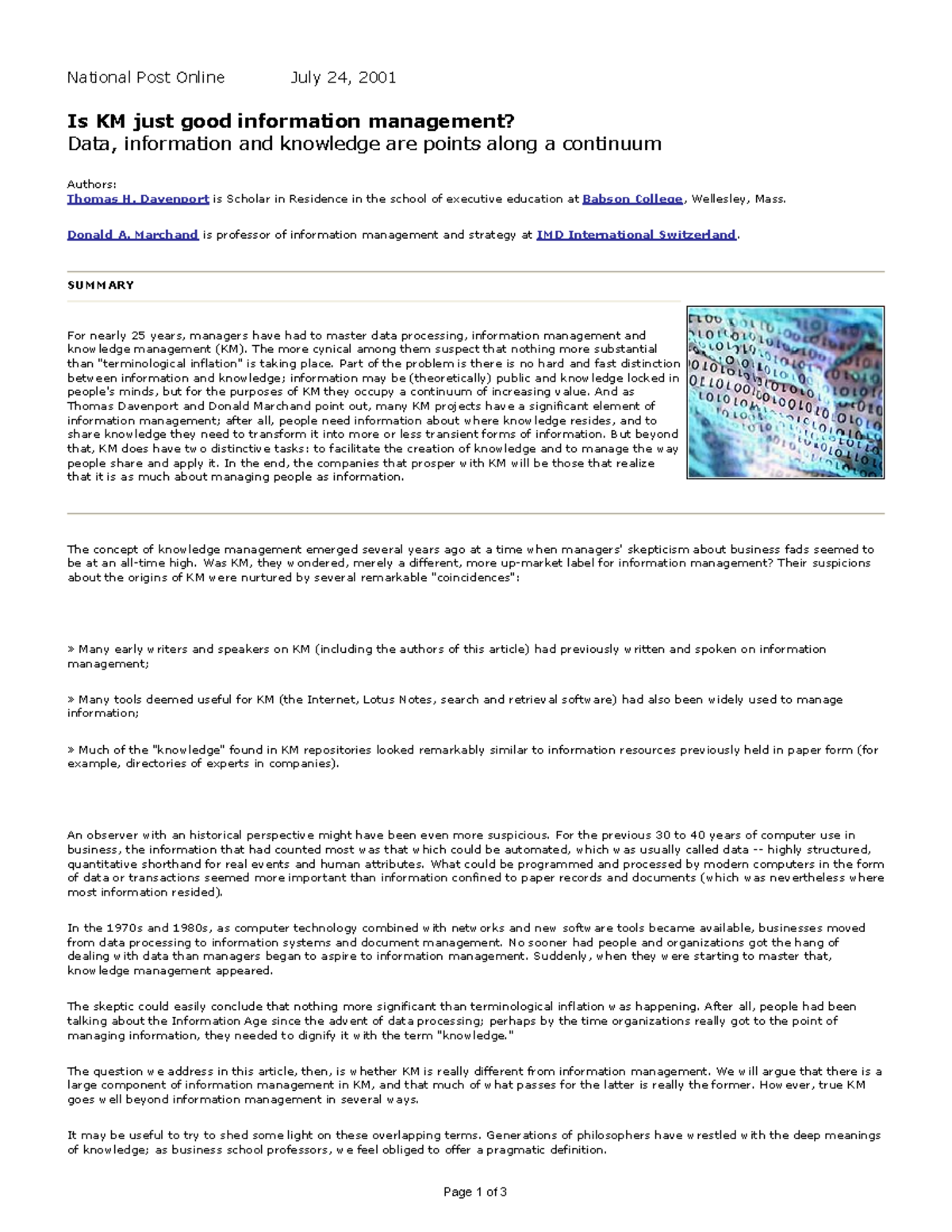 Is KM Just Good Information Management - National Post Online July 24 ...