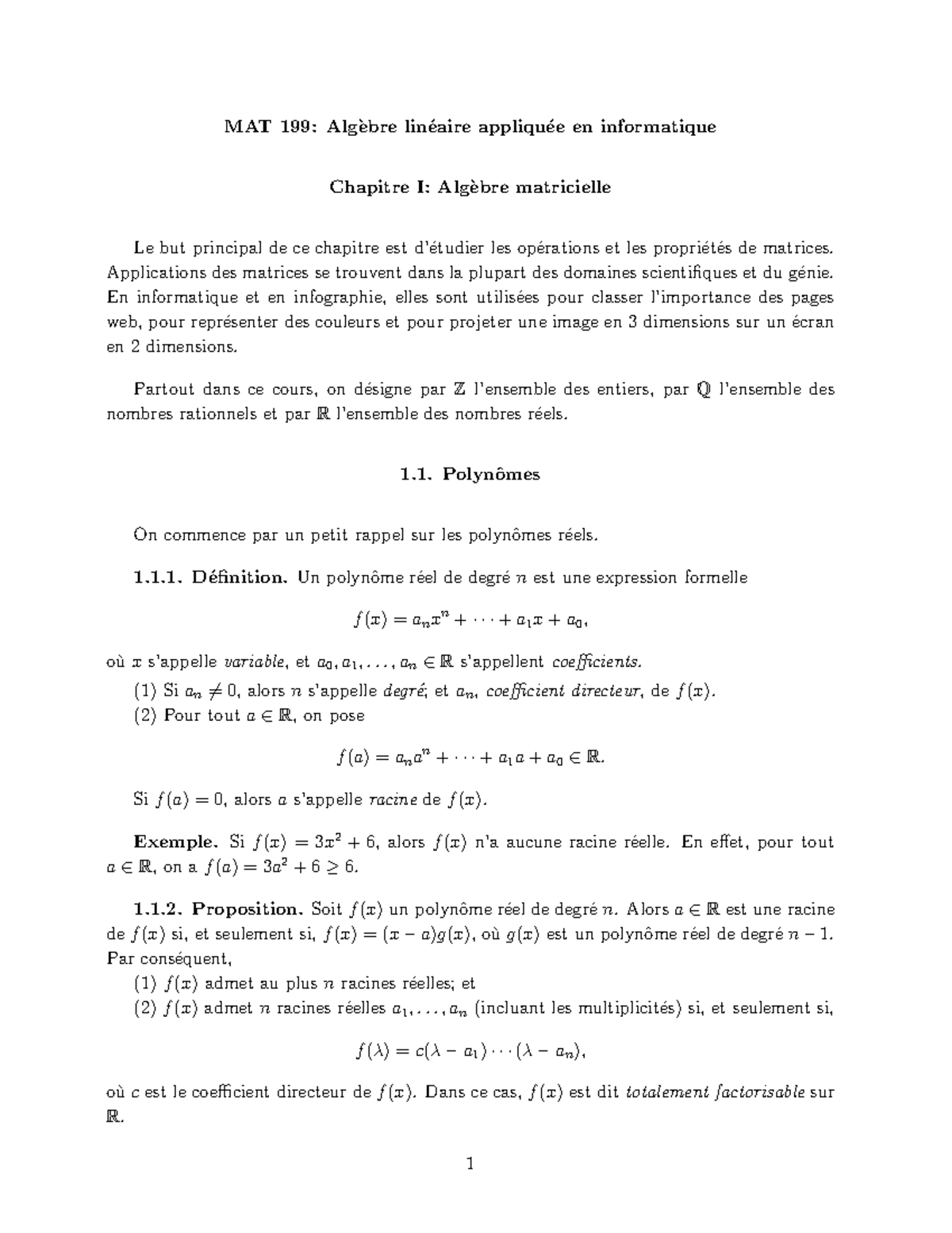 MAT199 - les notes de cours pour math199 - MAT 199: Alg`ebre lin ́eaire ...