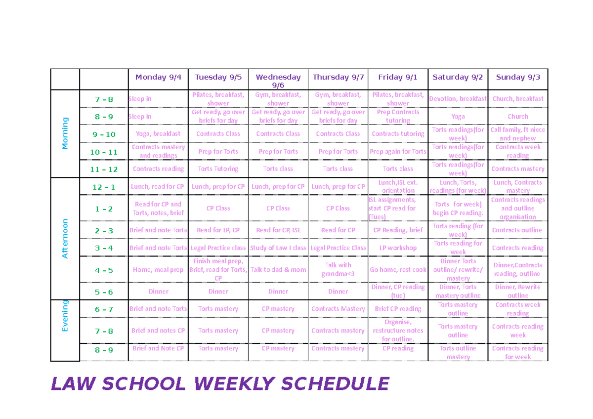 Weekly Study Timetable NEW - Monday 9/4 Tuesday 9/5 Wednesday 9 ...