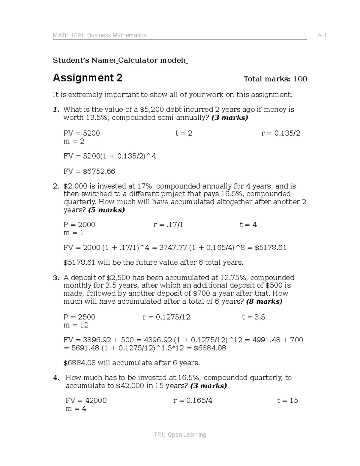 MATH1091 2 - comm 355 - MATH 1091: Business Mathematics A- Student’s ...