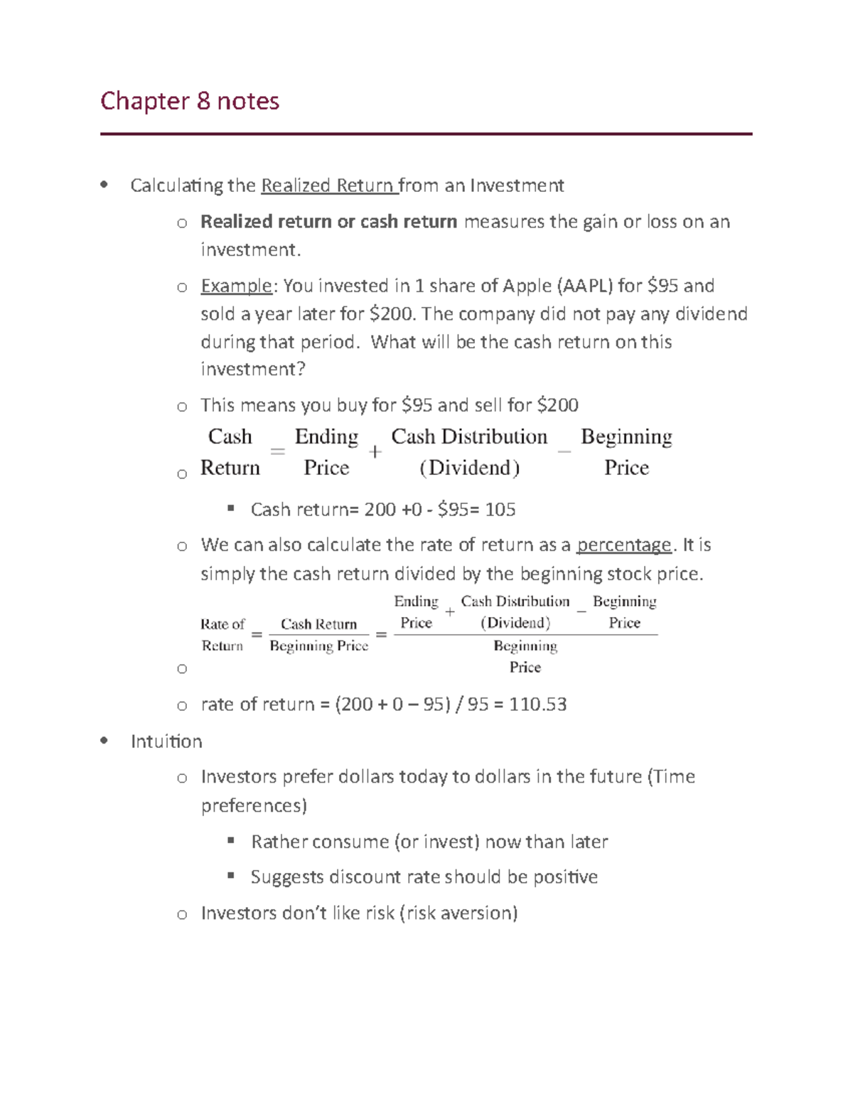 Chapter 8 notes - Chapter 8 notes Calculating the Realized Return from ...