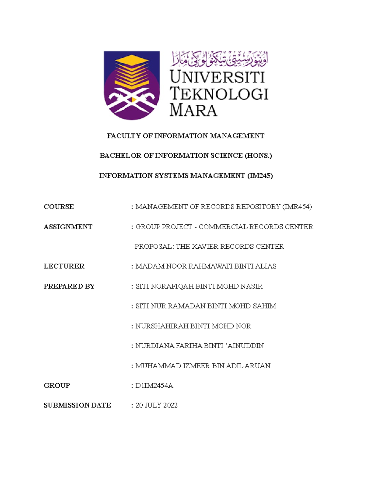 Group Assignment IMR454 (1) complete - FACULTY OF INFORMATION ...