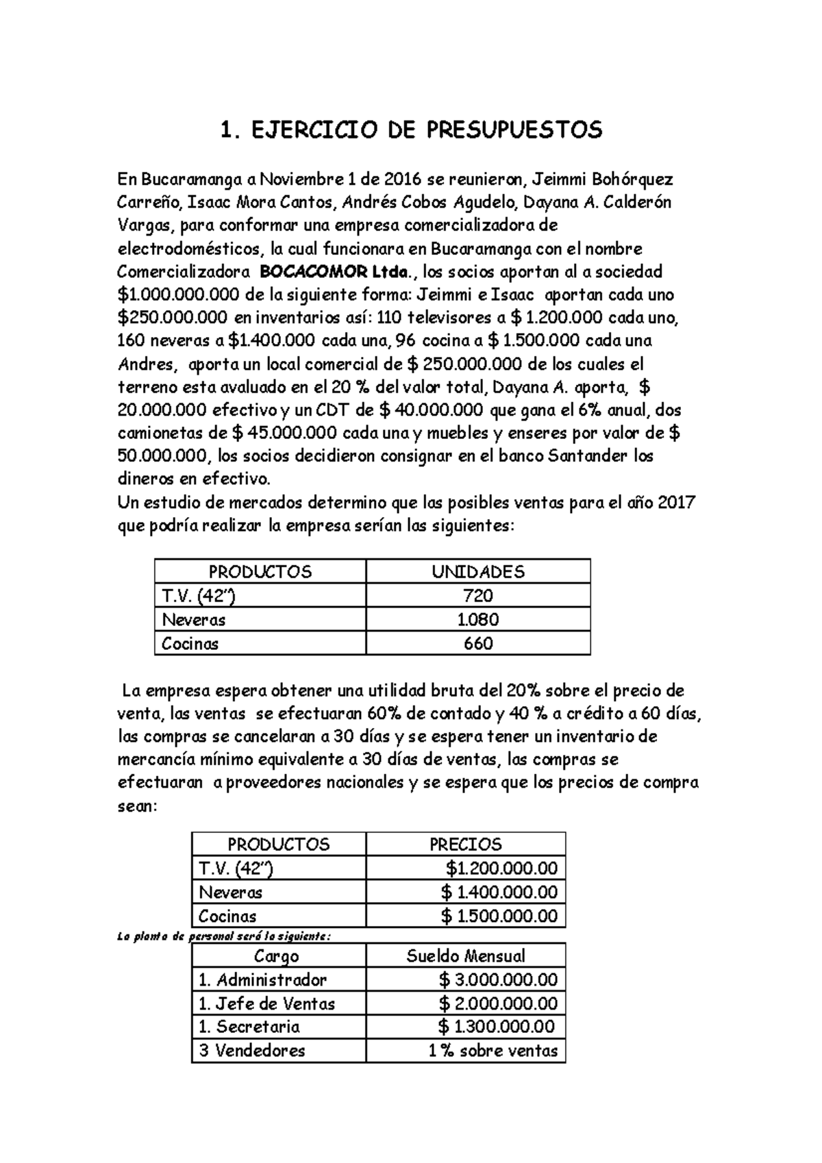 Ejercicios de Costos y Presupuestos - 1. EJERCICIO DE PRESUPUESTOS En Bucaramanga a Noviembre 1 ...