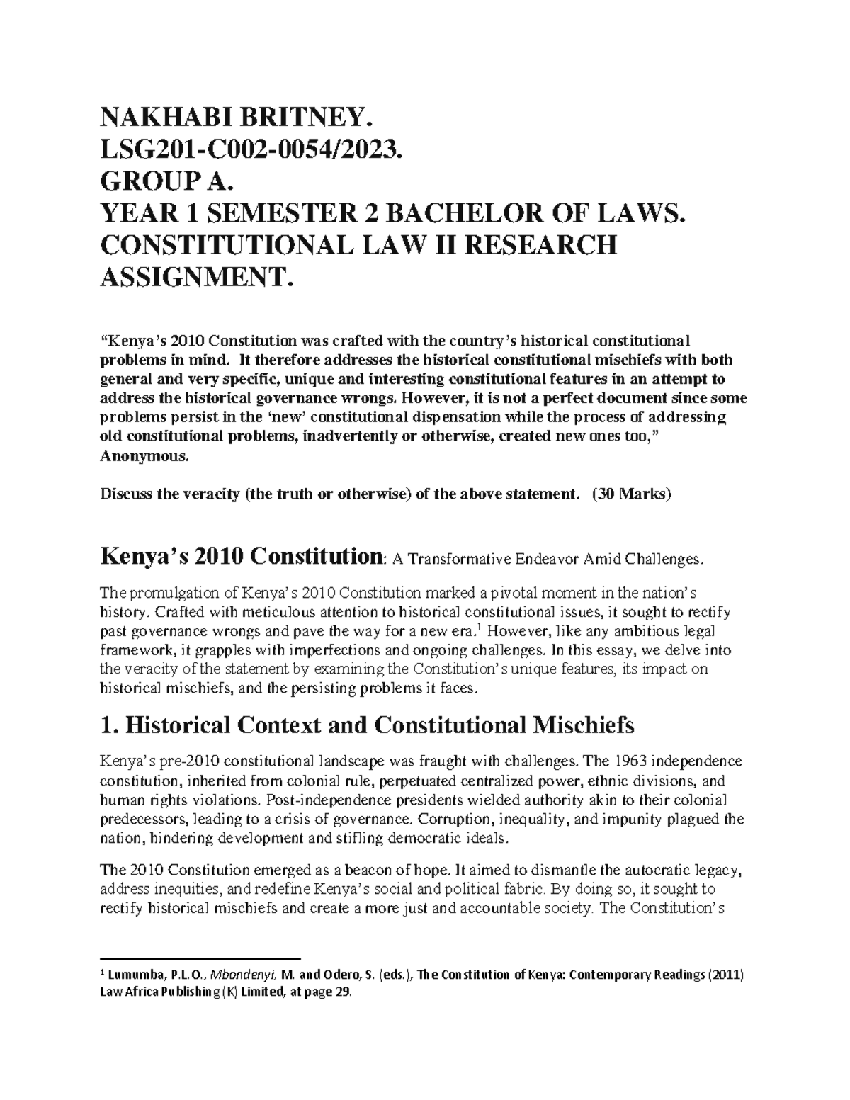 Constitutional Law II Assignment - Jan -April - 2024 - NAKHABI BRITNEY. LSG201-C002-0054/2023 ...