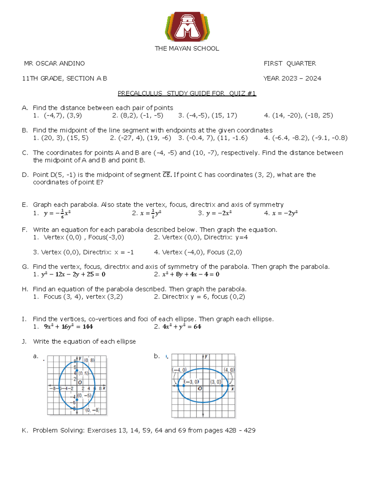 Precalculus study guide for quiz #1 - THE MAYAN SCHOOL MR OSCAR ANDINO ...