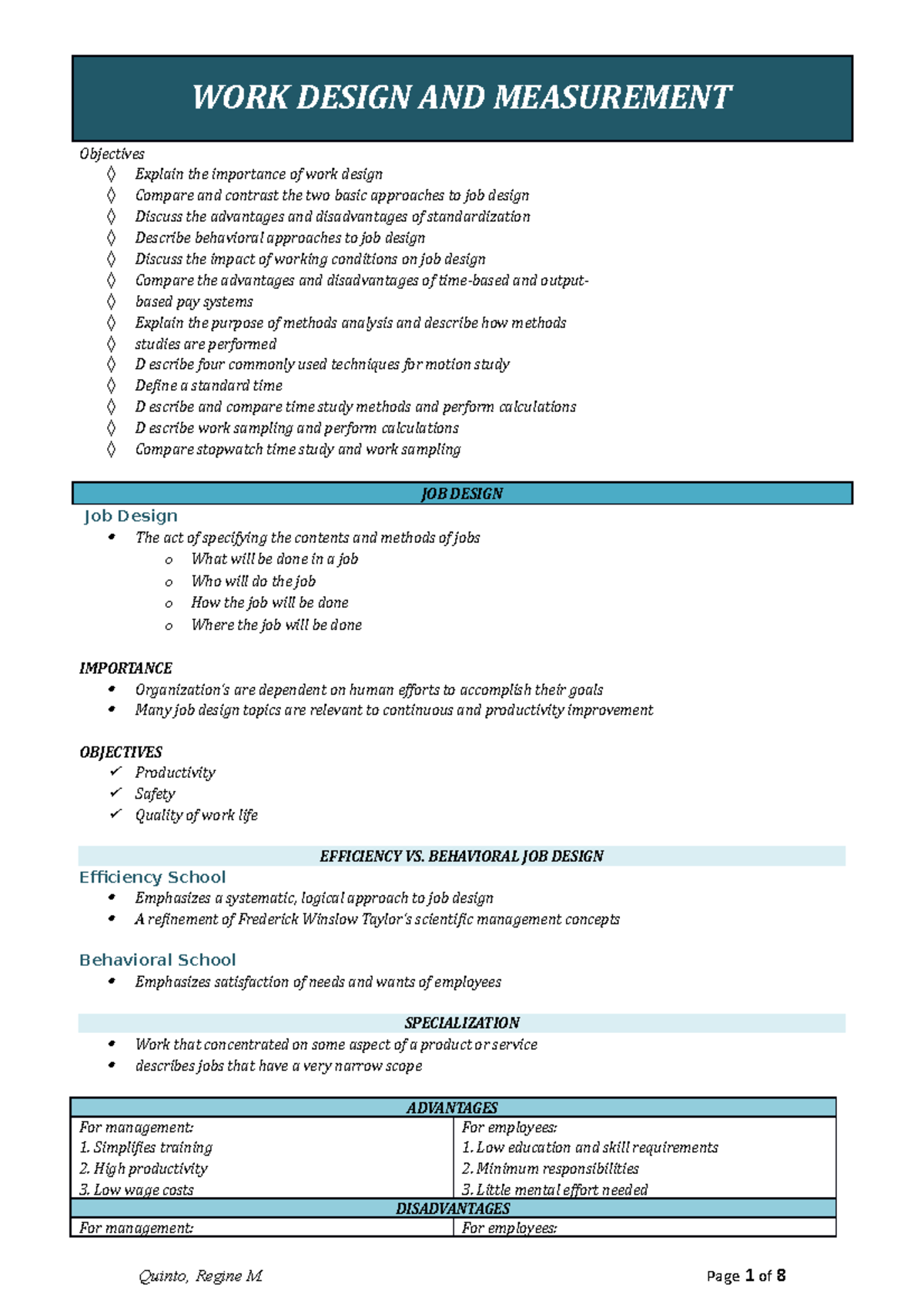 Chapter 7 work design and measurement - BS accountancy - Studocu