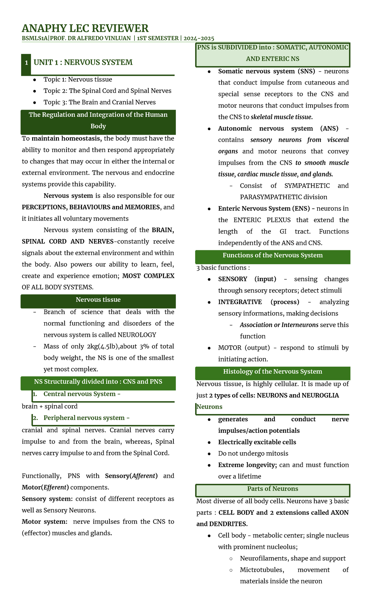 Anaphy Nervous System - Summary Medical Laboratory Science - BSMLS1A ...