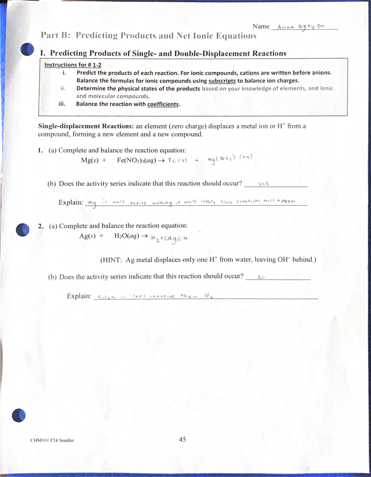 GIA 5 part b - CHM 101 GIAS - Name Anna lygayen Part B: Predicting Products and Net Ionic ...