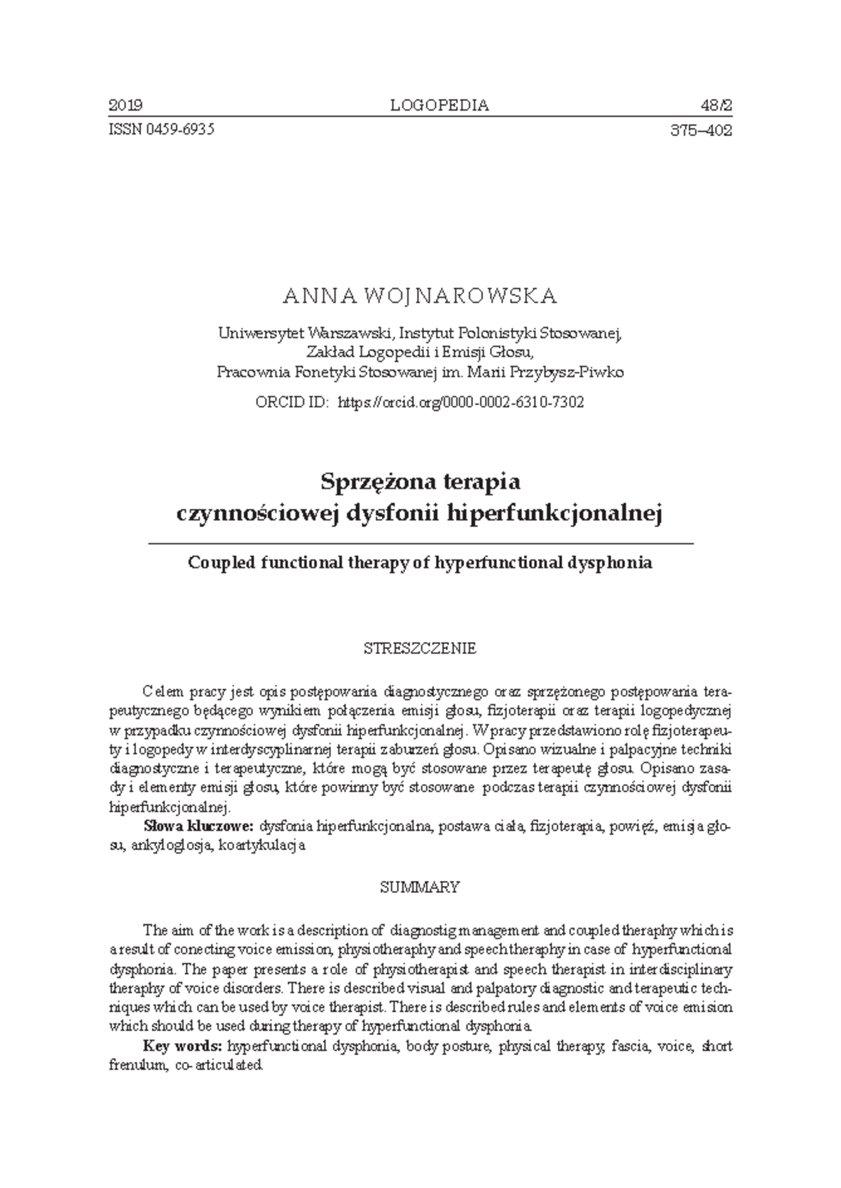 375 402 Logopedia 48 2 2019 Wojnarowska - Coupled functional therapy of ...