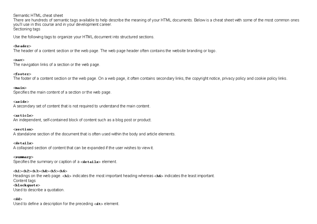 Semantic HTML cheat sheet Coursera - Semantic HTML cheat sheet There ...