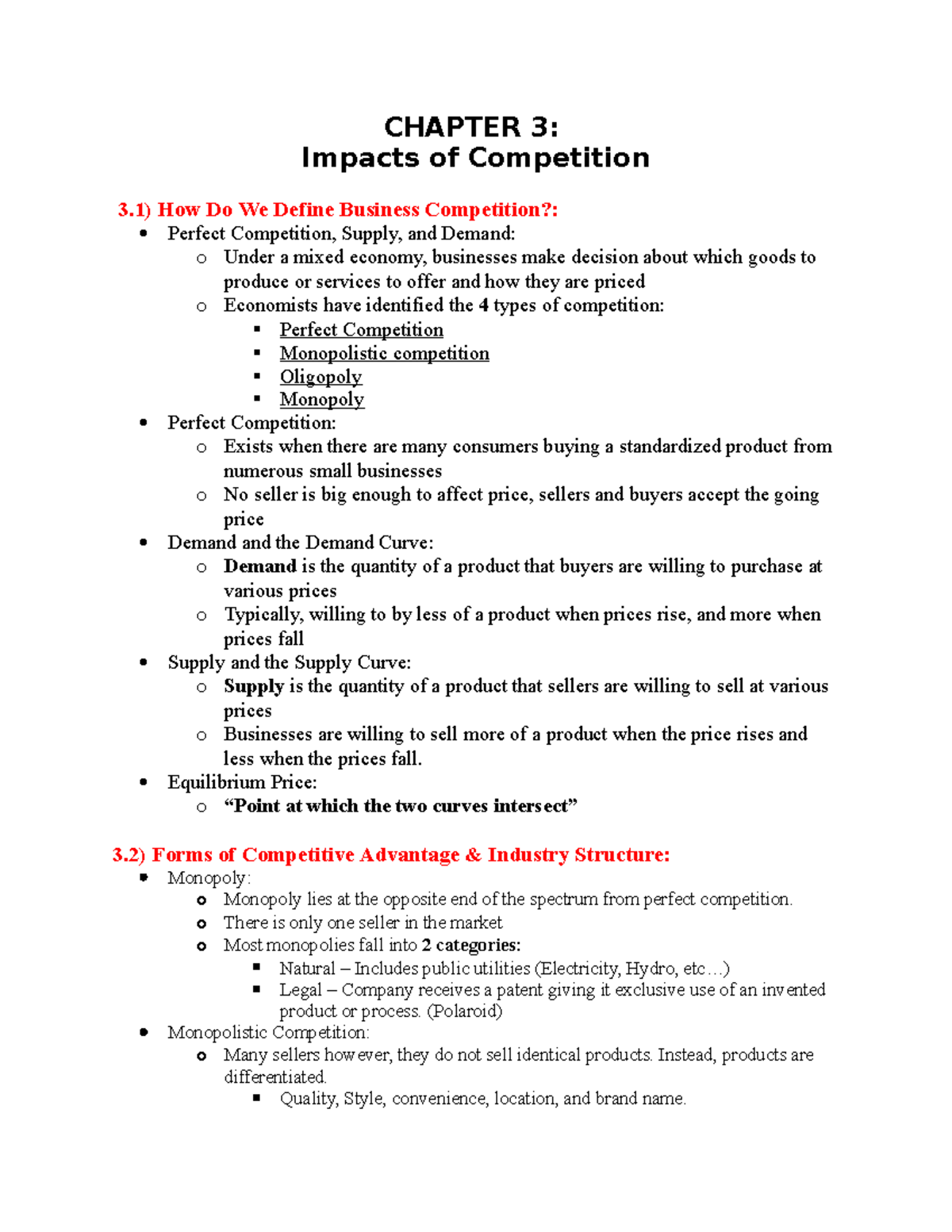 Chapter 3 Notes - CHAPTER 3: Impacts of Competition 3) How Do We Define ...