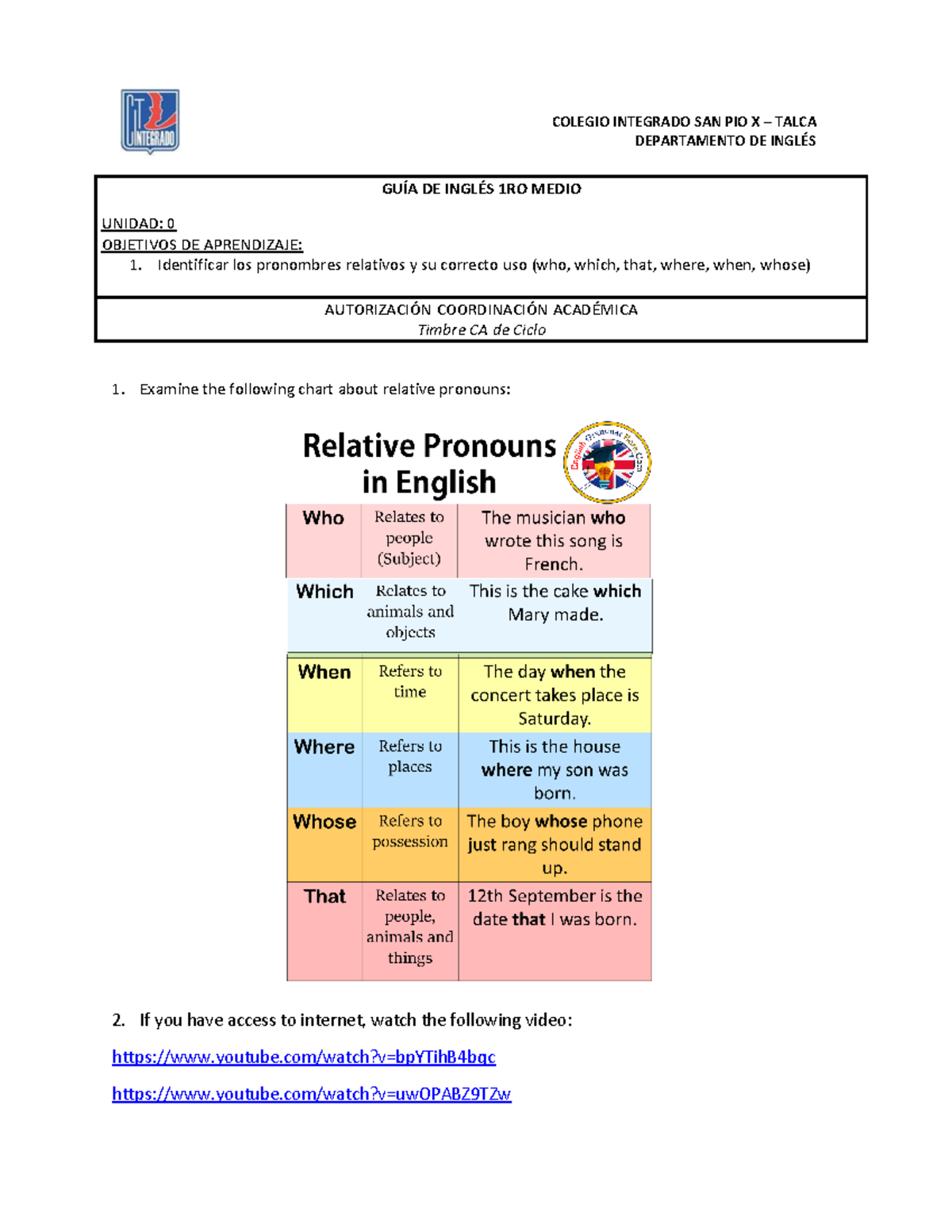 Ingles - Dkdkd - COLEGIO INTEGRADO SAN PIO X – TALCA DEPARTAMENTO DE ...