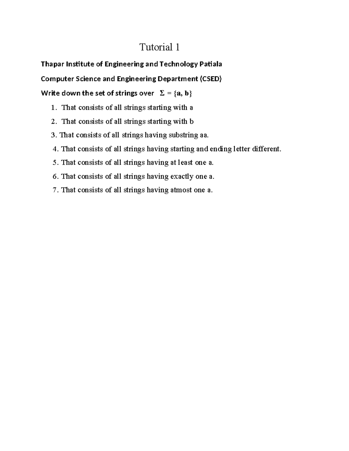 Tutorial 1 - toc practice sheets - Tutorial 1 Thapar Institute of Engineering and Technology ...