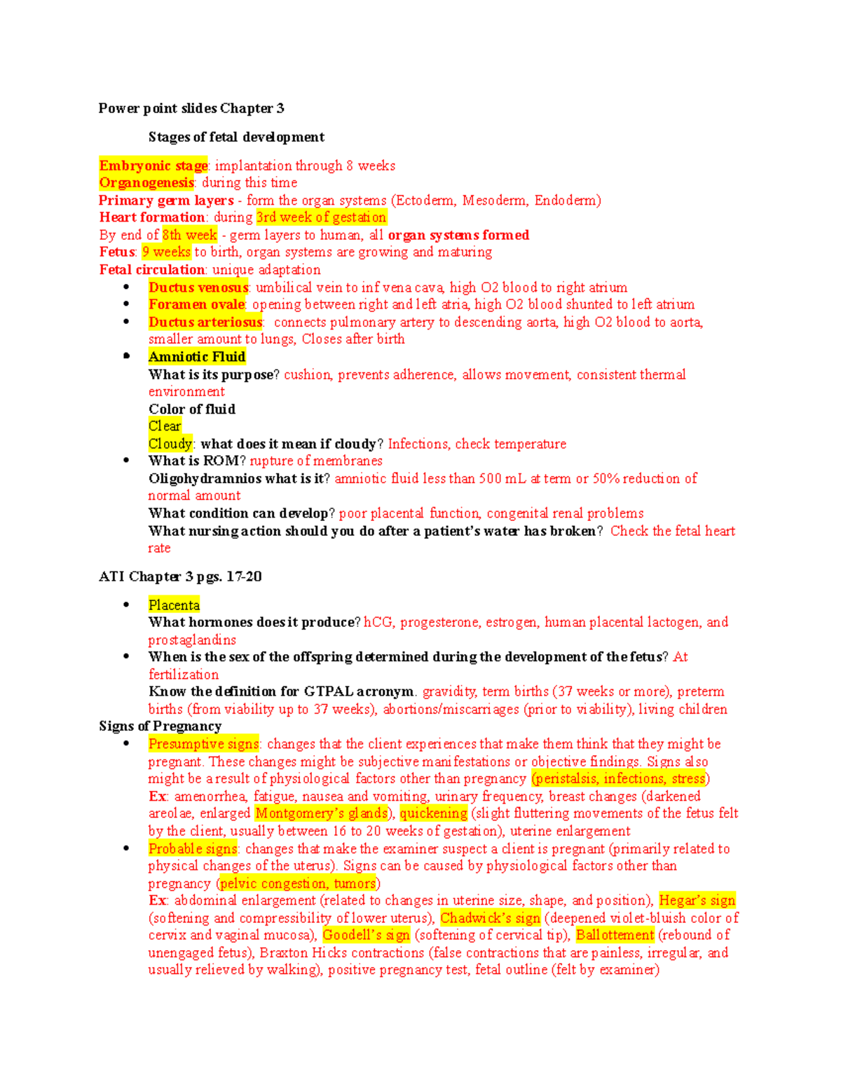 Concept guide exam 1 - Power point slides Chapter 3 Stages of fetal ...