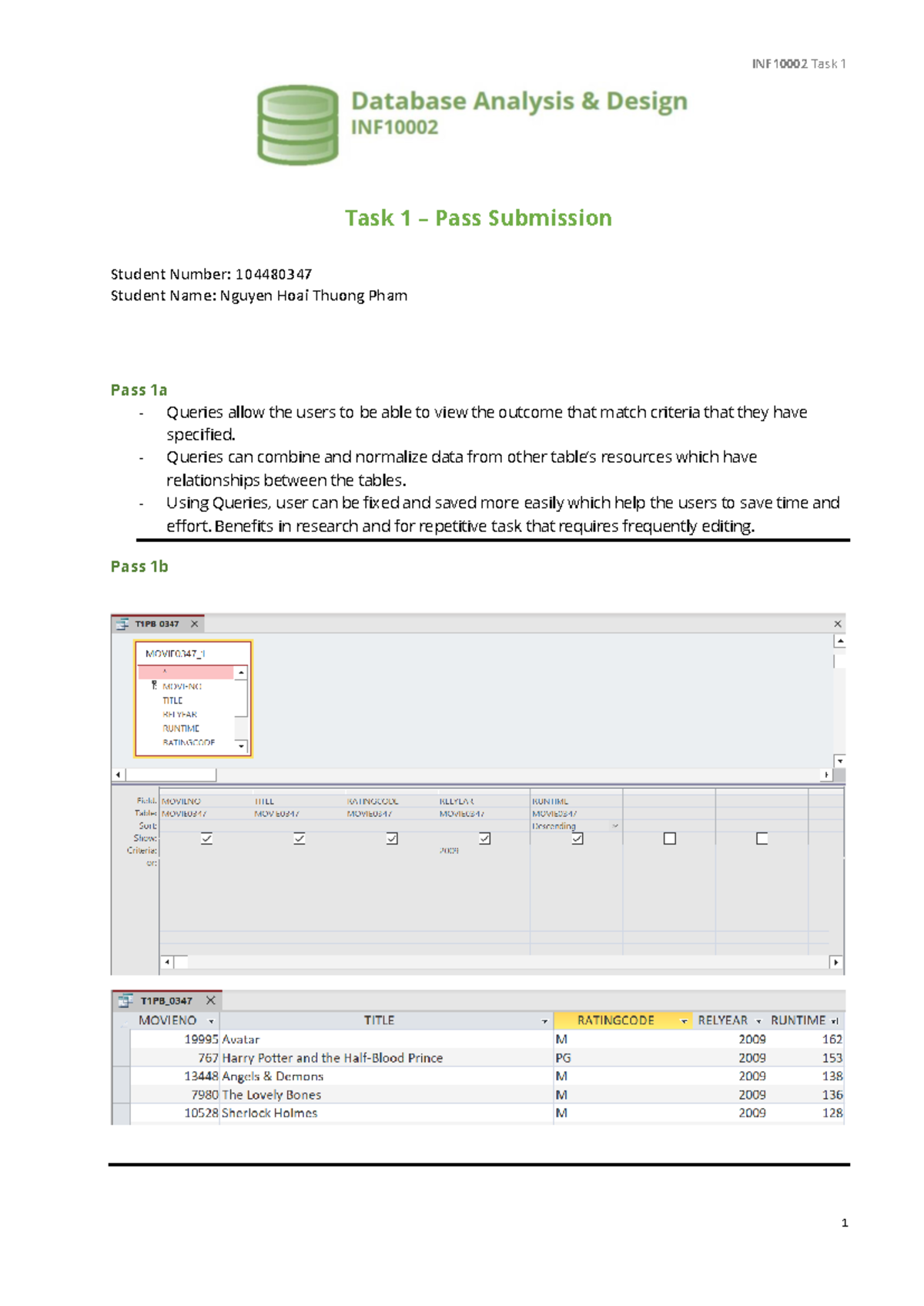 T01P past task question - Task 1 – Pass Submission Student Number: 104480347 Student Name ...