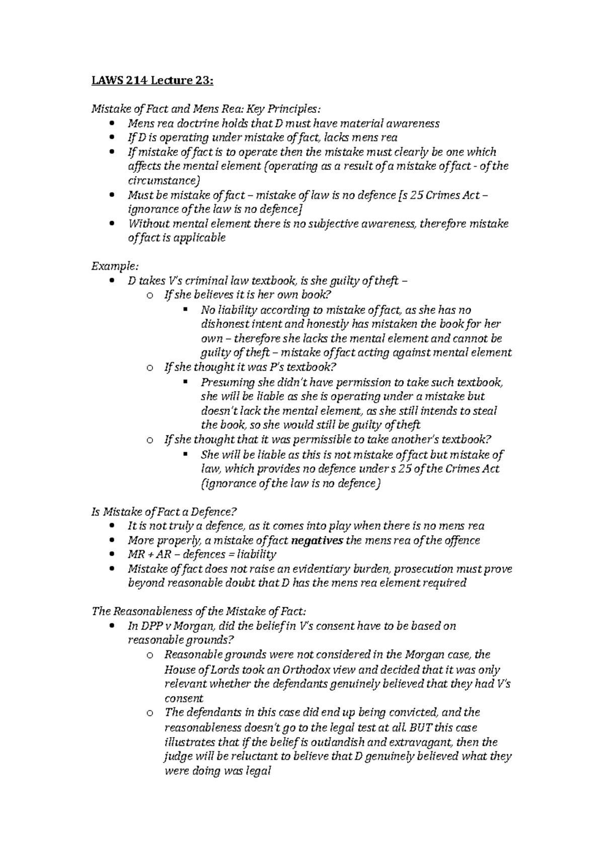 LAWS 214 Lecture 23 - LAWS 214 Lecture 23: Mistake of Fact and Mens Rea: Key Principles: Mens ...