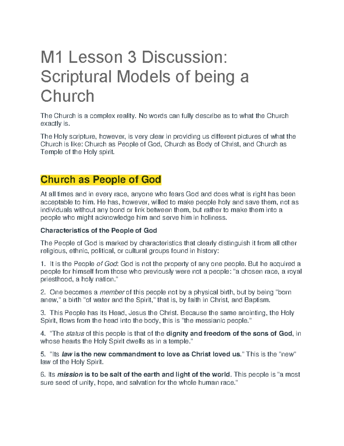 Scriptural Models of being a Church - M1 Lesson 3 Discussion ...