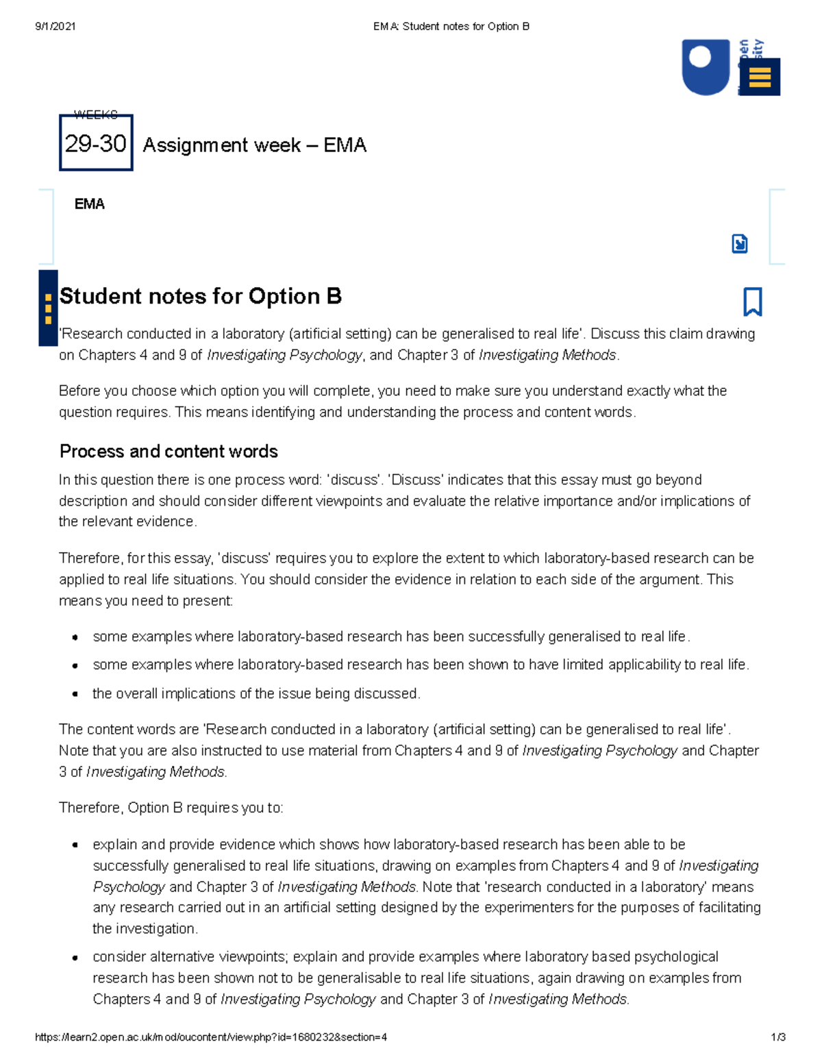 EMA Student notes for Option B - 9/1/2021 EMA: Student notes for Option ...