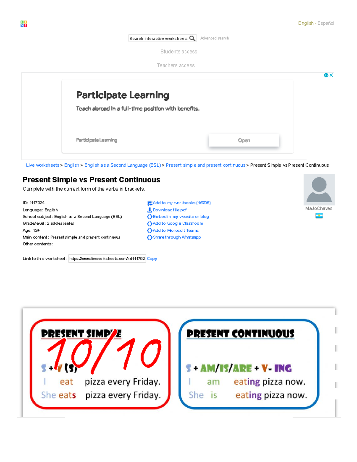 Present Simple vs Present Continuous online worksheet for 2 ...