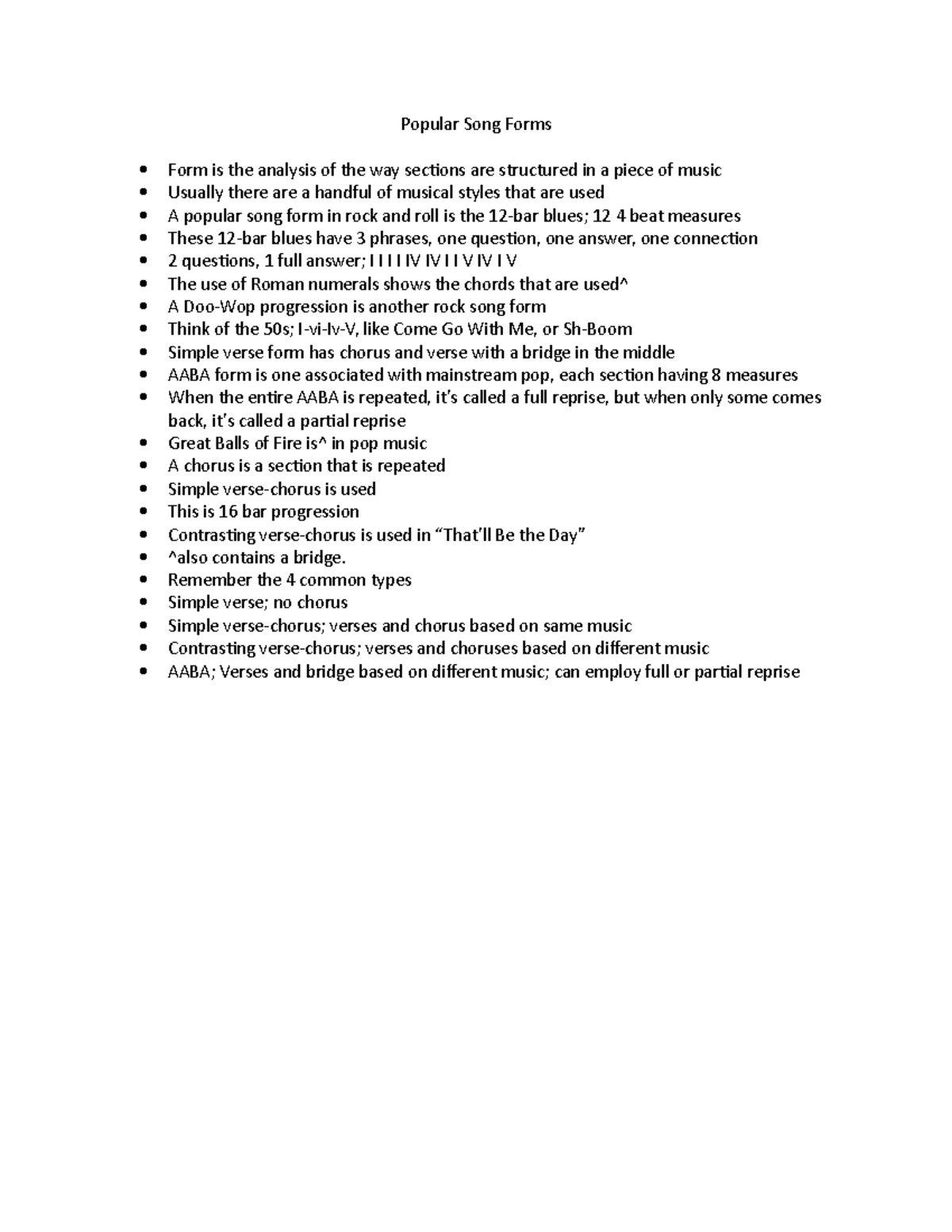 Popular Song Forms Notes - Intro Music History - Popular Song Forms ...