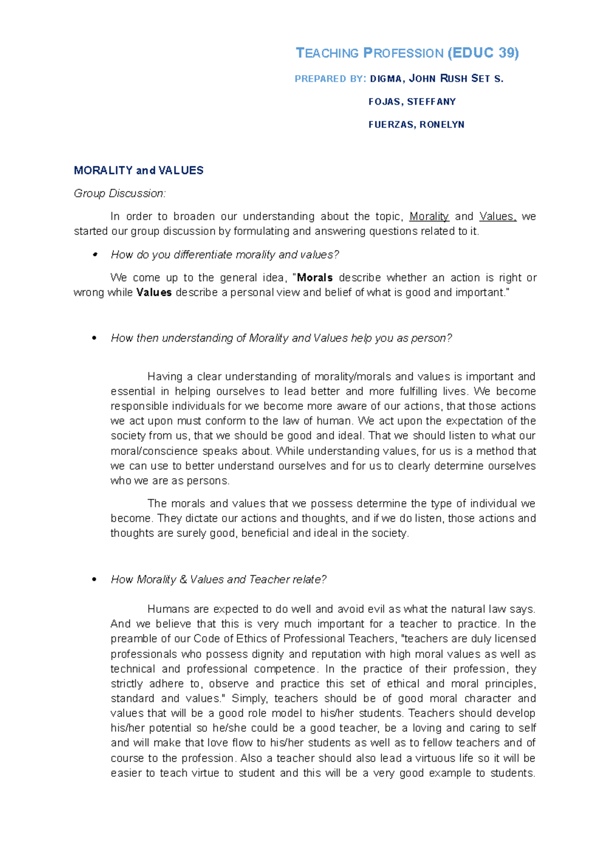 Morality-and-Values - Morality and Values - TEACHING PROFESSION (EDUC ...