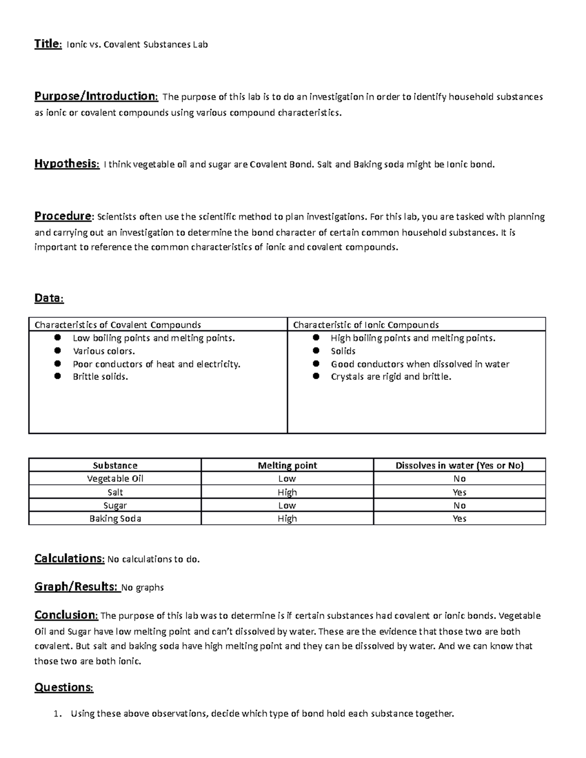 Ionic vs. Covalent Substances Lab - Title: Ionic vs. Covalent ...